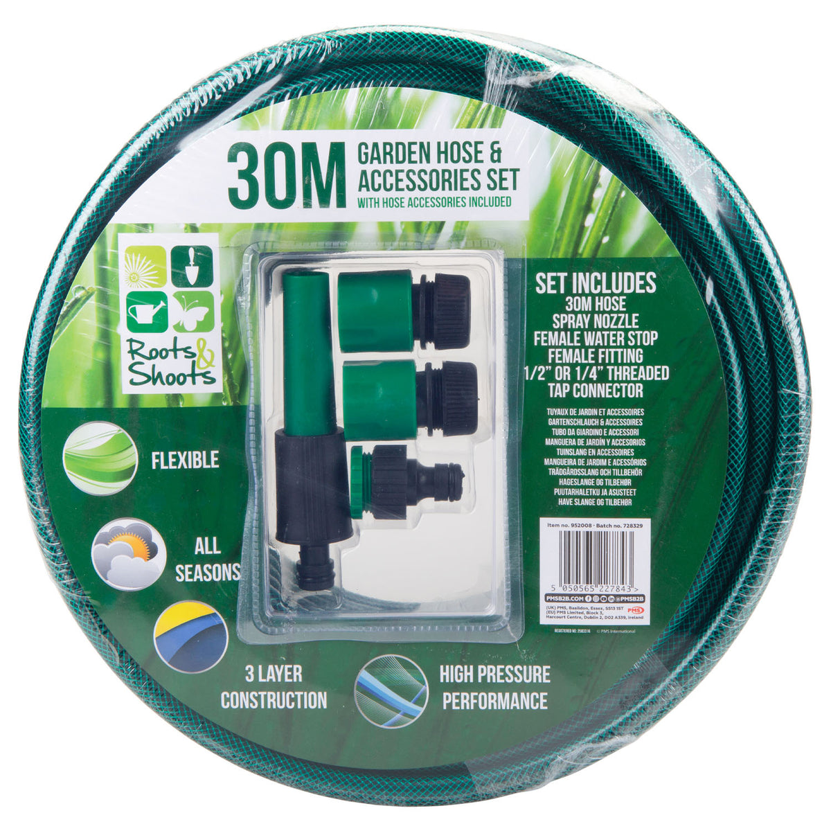 Garden Hose & Connector 4 Piece Set 30m Reinforced Pipe - Roots & Shoo ...