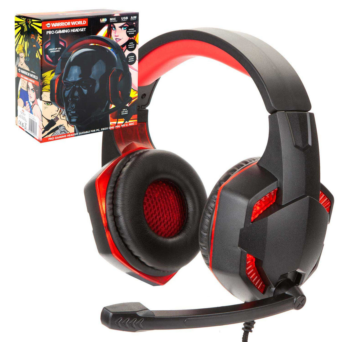 Pro Gaming LED Headset & Mic Red Light Up Speakers - Warrior World ...